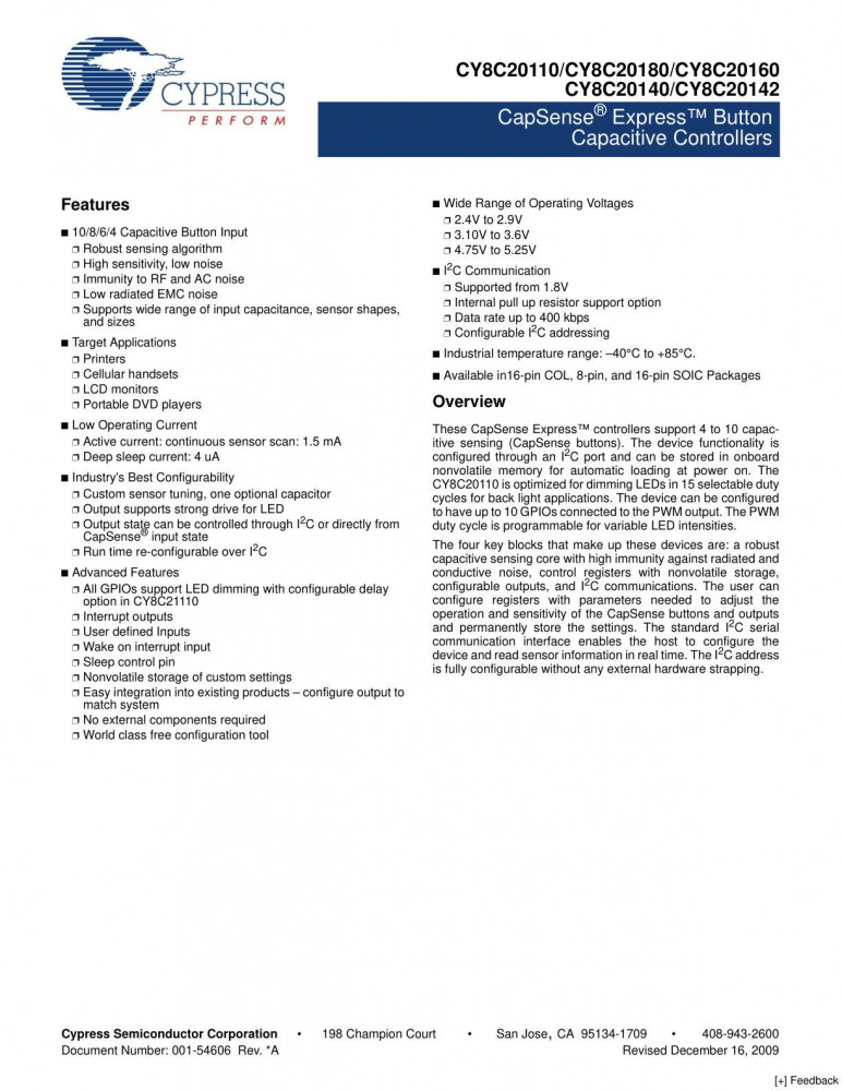 CY8C201 family datasheet page 1