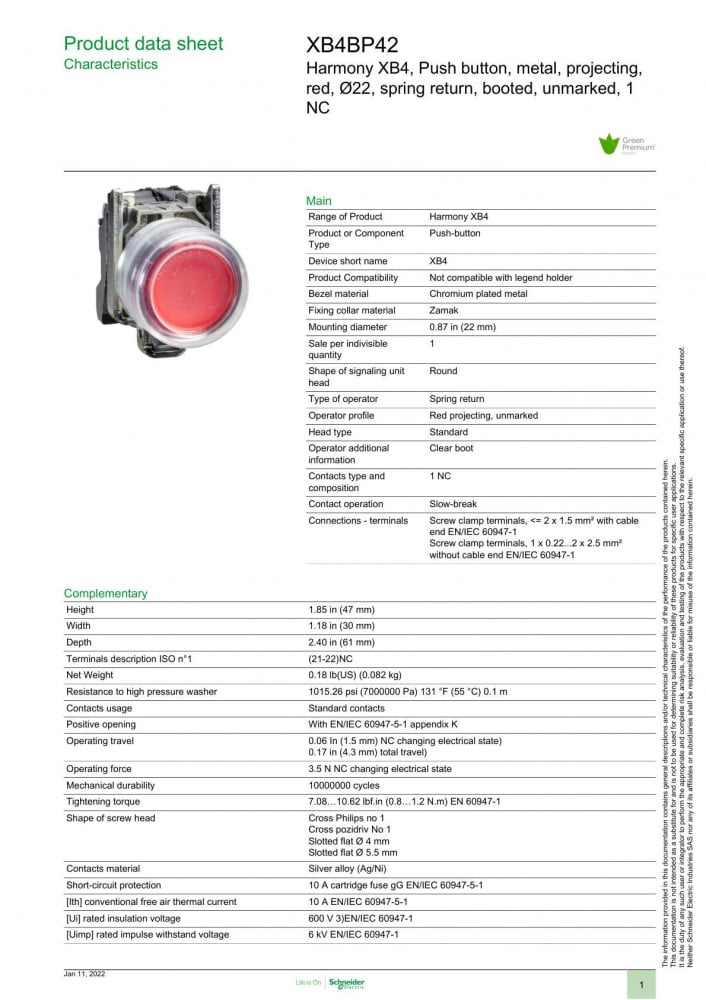 XB4BP42 technical document page 1