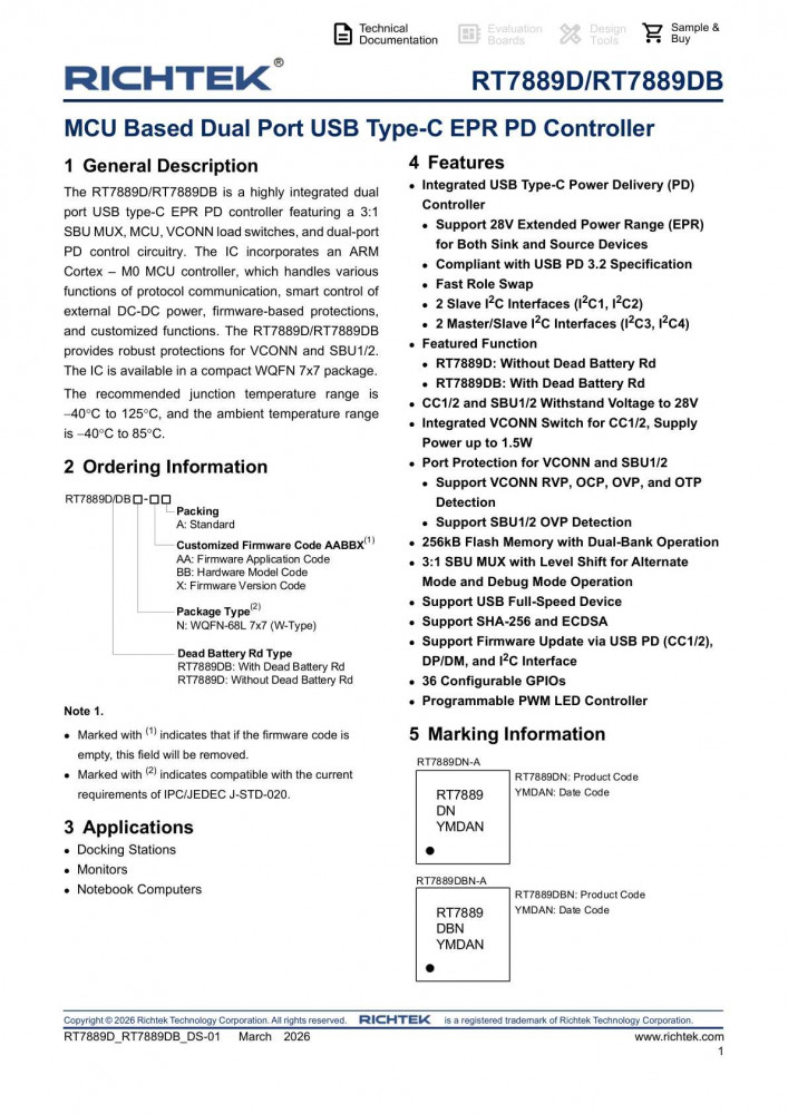 RT7889D and RT7889DB datasheet page 1