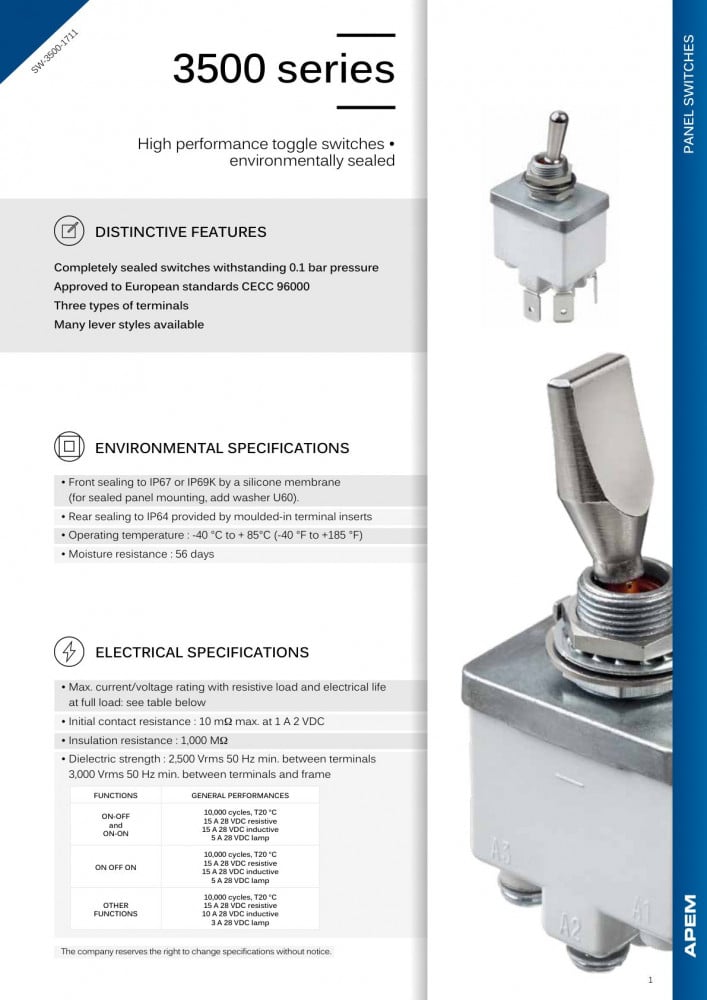 APEM 3500 series datasheet page 1