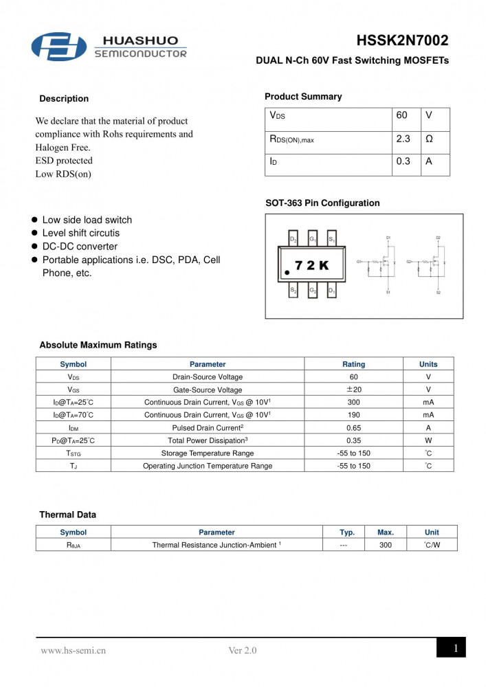 HSSK2N7002 datasheet page 1