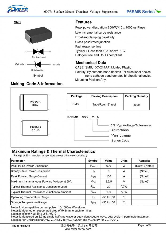 P6SMB series datasheet page 1