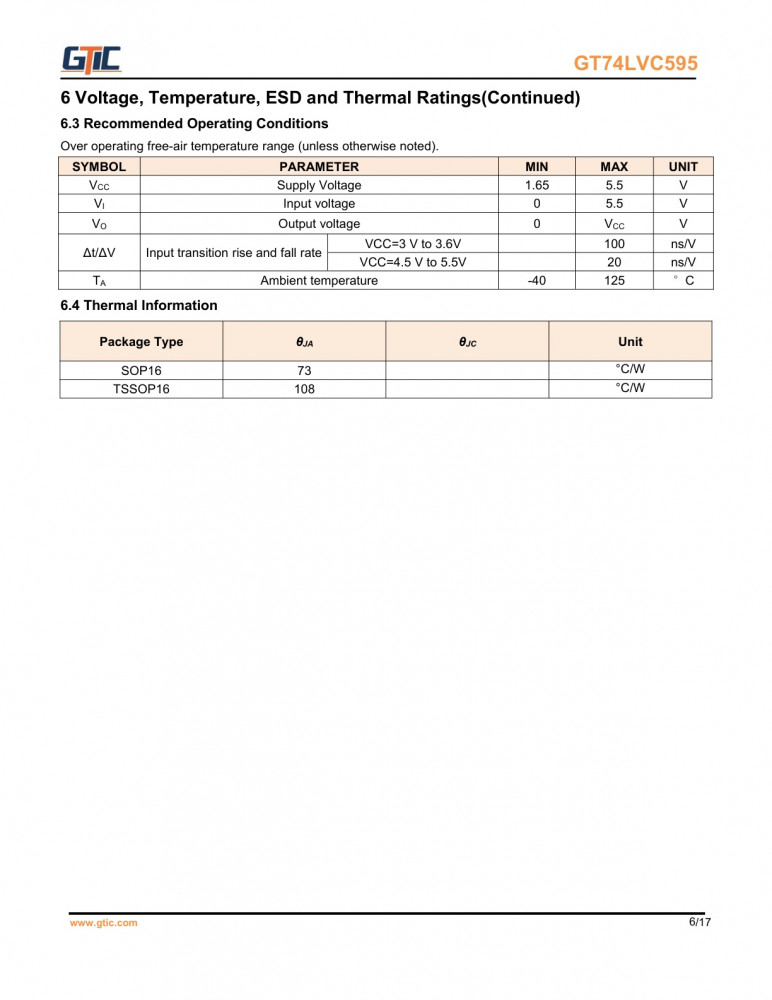 GT74LVC595PE datasheet page 6