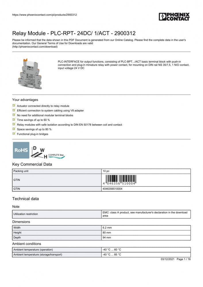 Phoenix Contact 2900312 document page 1