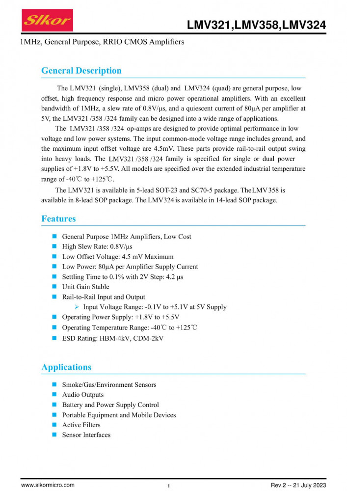 LMV321XT5 datasheet page 1