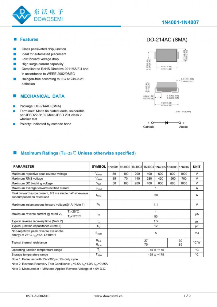 DOWO 1N4004 datasheet page 1