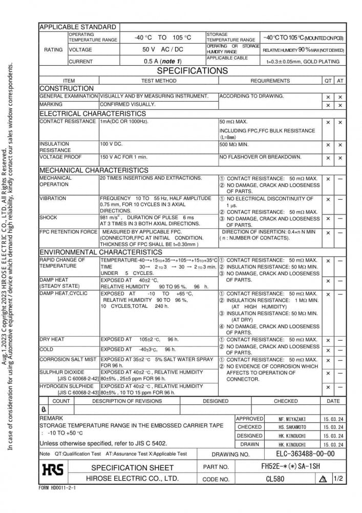 HRS FH52E specification sheet page 1