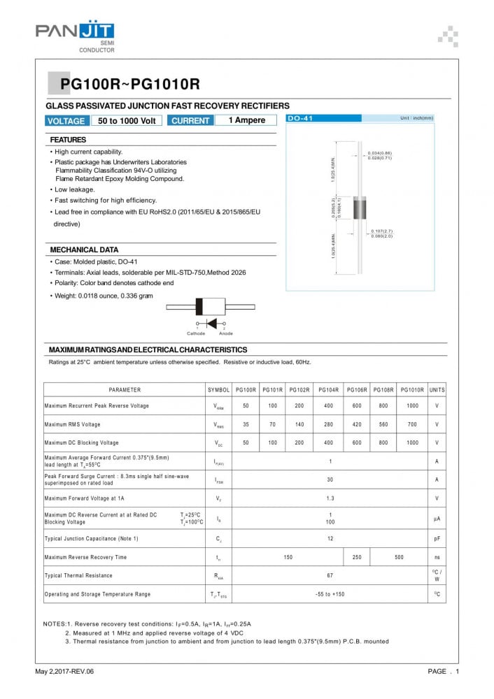 PANJIT PG100R to PG1010R datasheet page 1