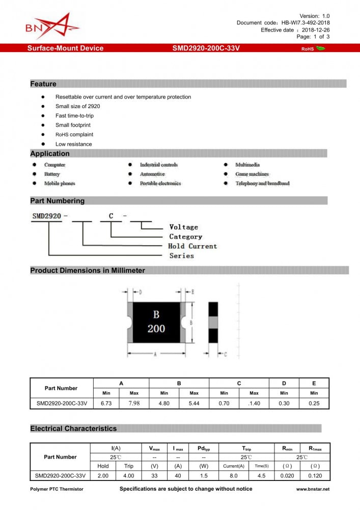 BNstar SMD2920-200C-33V datasheet page 1
