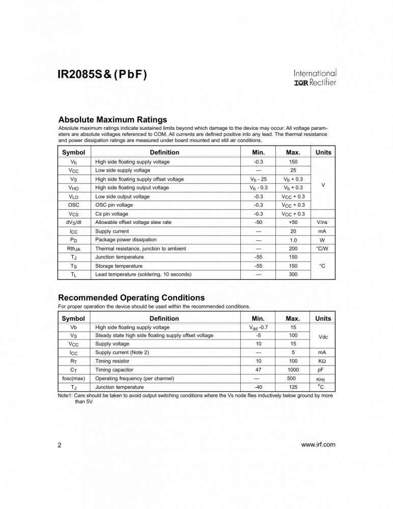 IR2085STRPbF datasheet page 2