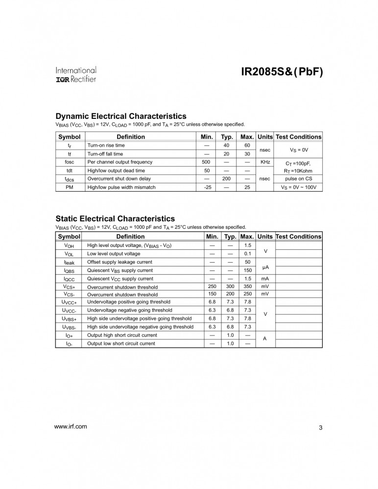 IR2085STRPbF datasheet page 3