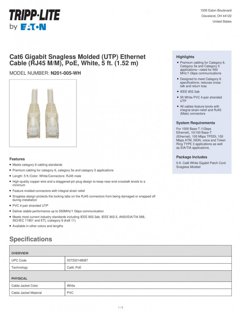 N201-005-WH technical document page 1