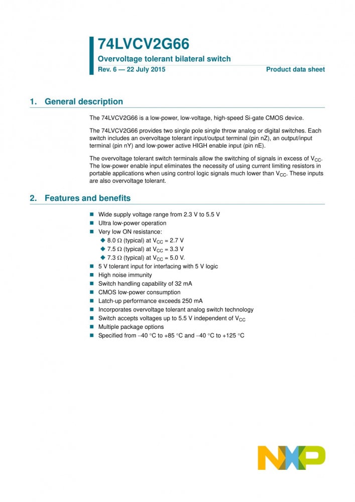 74LVCV2G66 datasheet page 1
