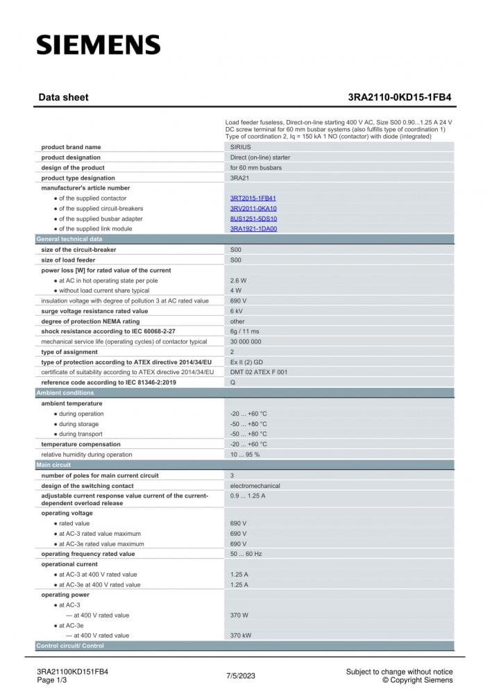 SIEMENS 3RA21100KD151FB4 datasheet page 1
