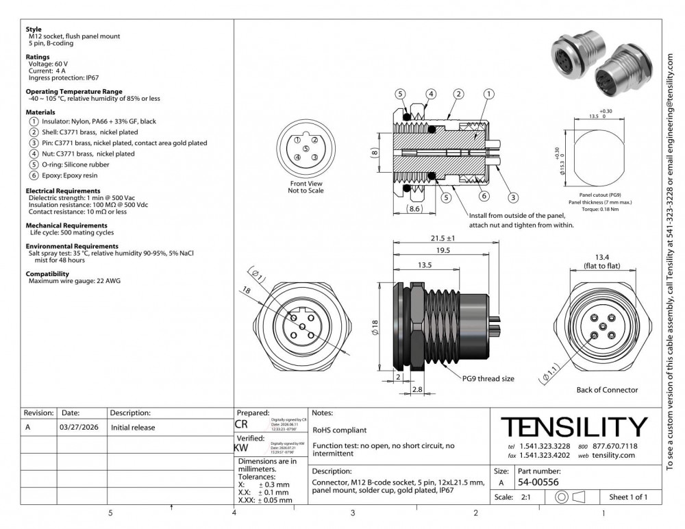Tensility International 54-00556 M12 B-coded 5-pin panel-mount socket product drawing