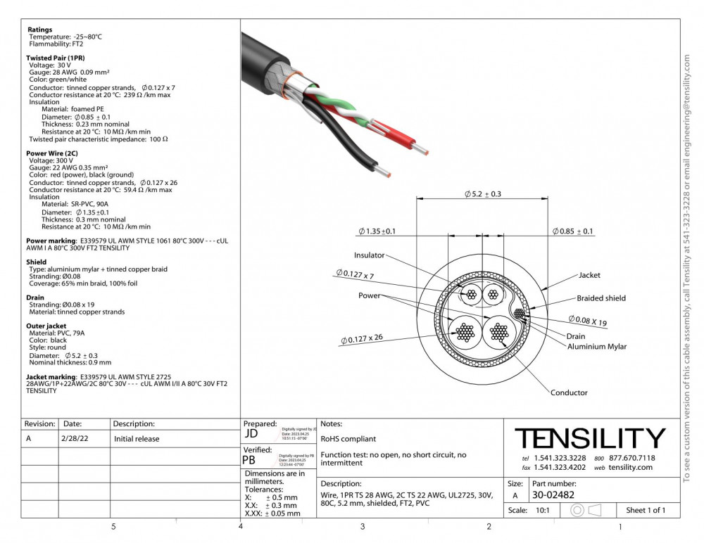 Tensility International 30-02482 cable specification drawing
