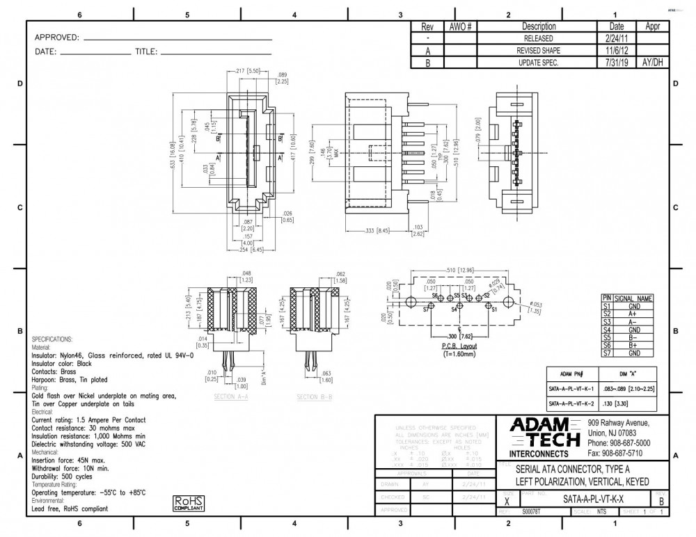 ADAM TECH SATA-A-PL-VT-K-X connector specification drawing
