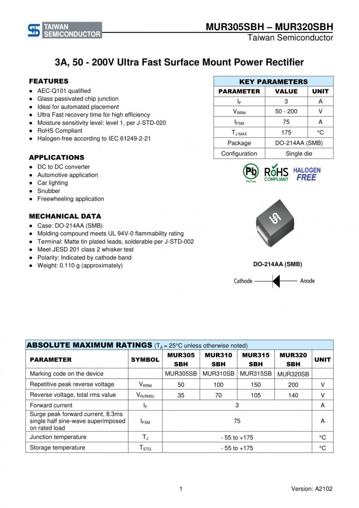 MUR310SBH technical document page 1