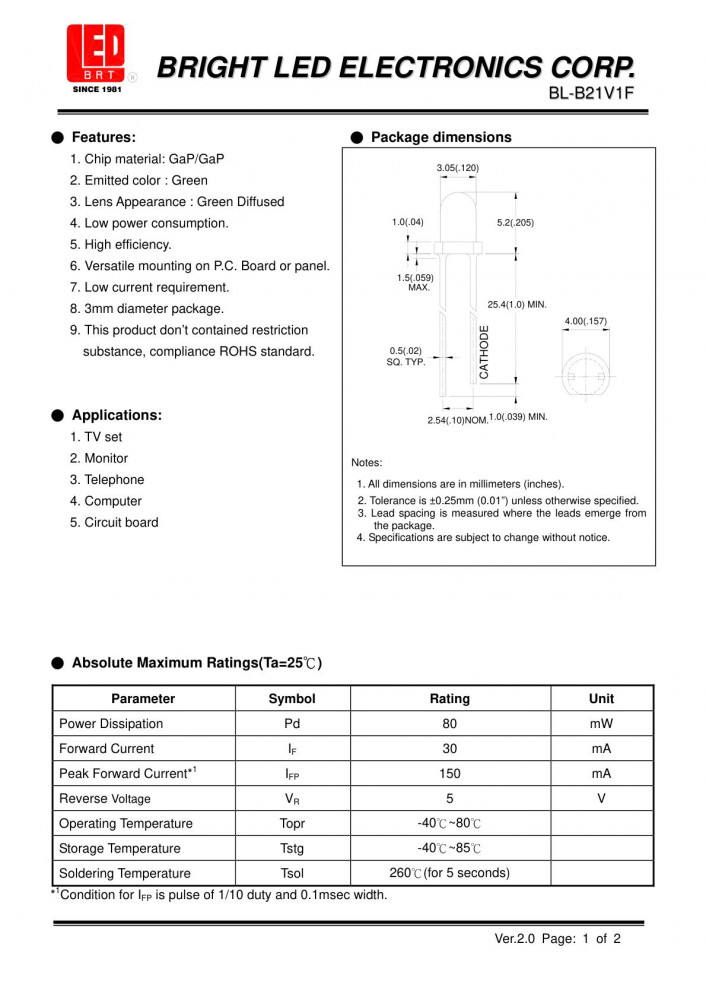 BL-B21V1F datasheet page 1