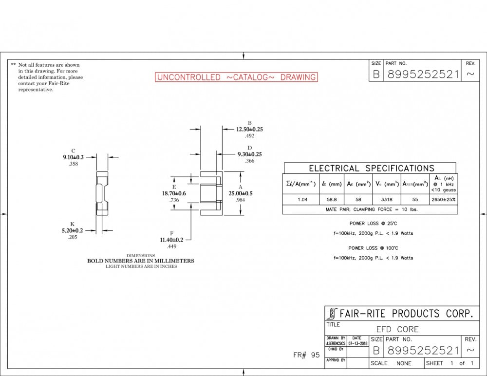 Fair-Rite 8995252521 EFD core drawing