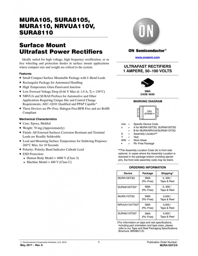 MURA105T3G datasheet page 1