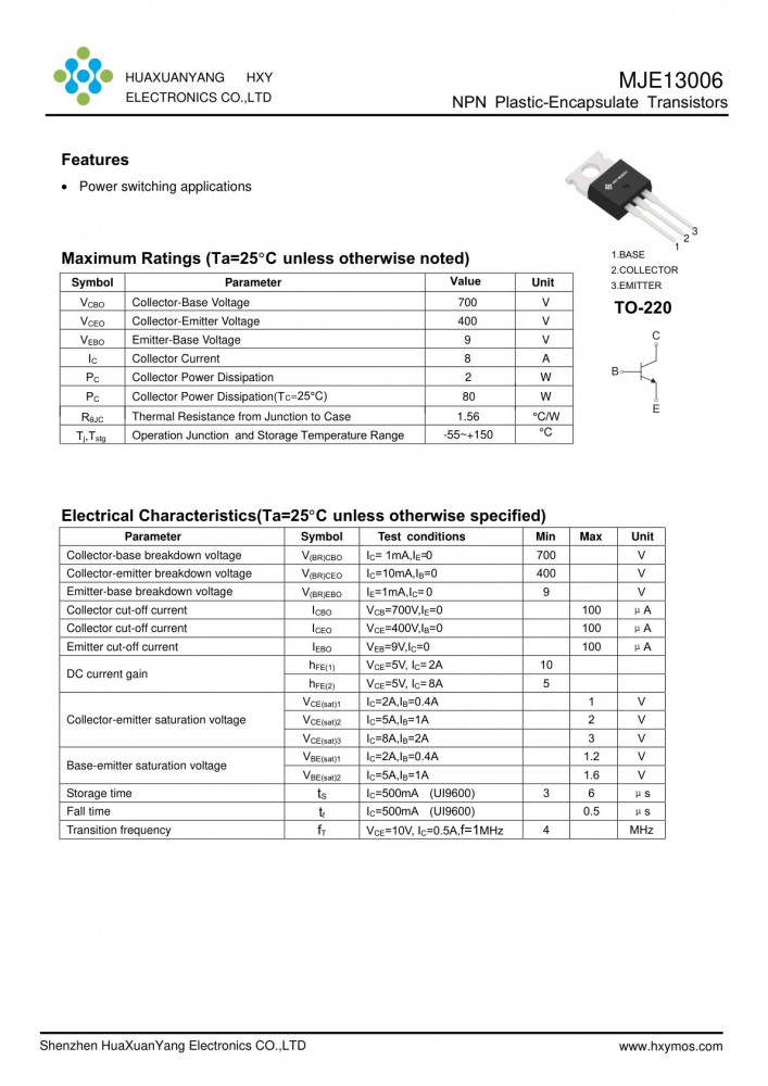 MJE13006-HXY datasheet page 1