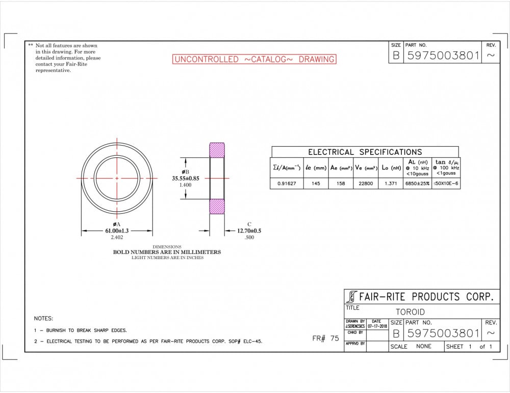 Fair-Rite 5975003801 technical drawing