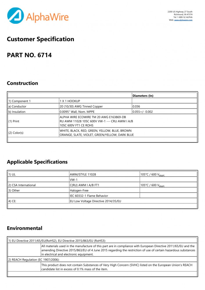 Alpha Wire 6714 SL001 technical document page 1