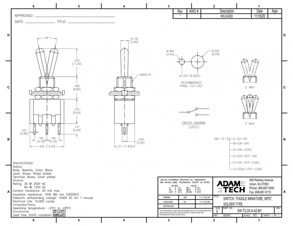 ADAM TECH miniature toggle switch drawing preview