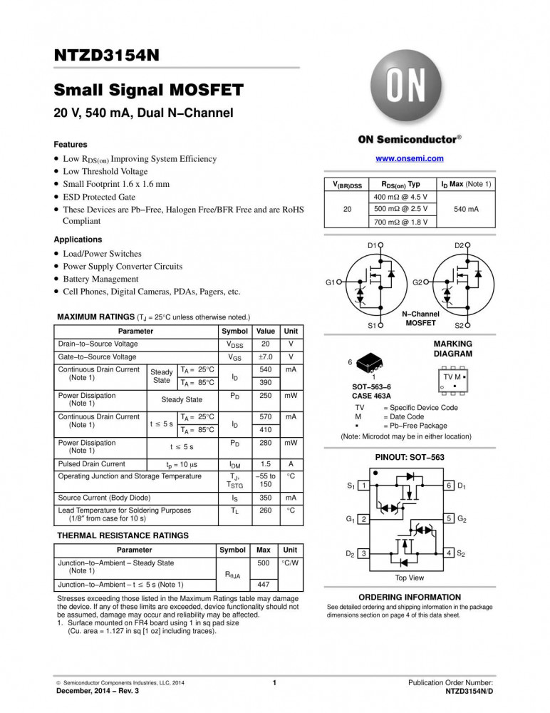 NTZD3154NT1G datasheet page 1