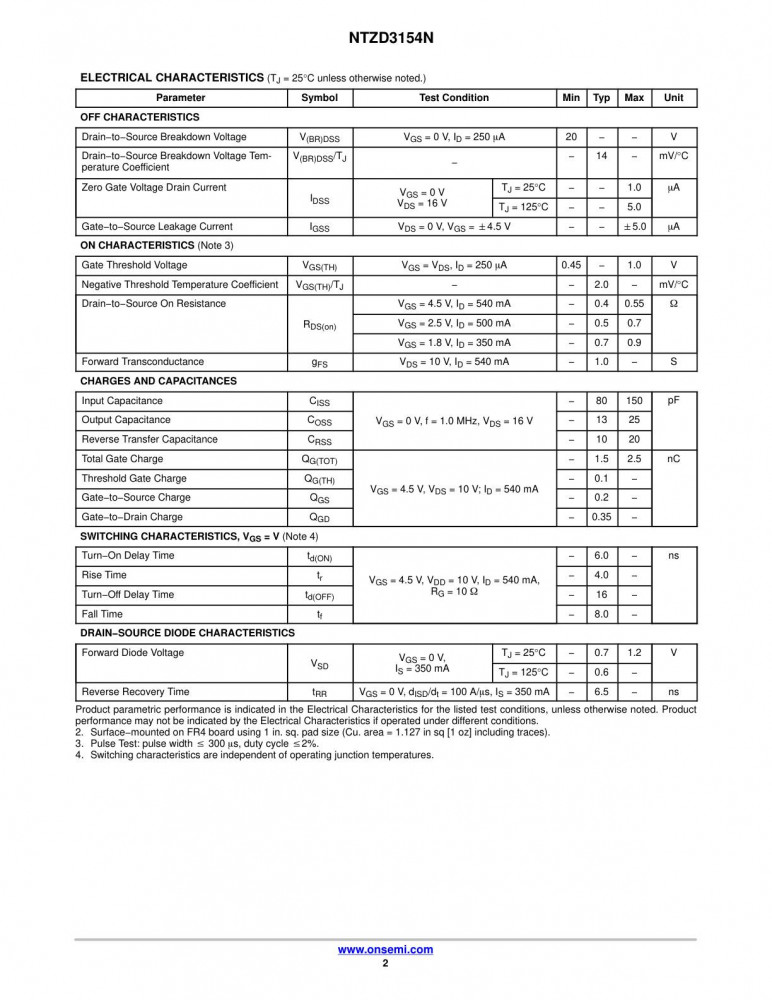 NTZD3154NT1G datasheet page 2