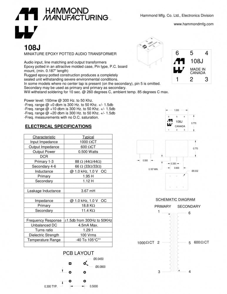 Hammond 108J technical document page 1