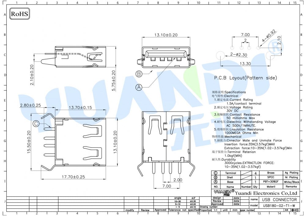 YUANDI USB180-02-T1-W USB connector specification drawing