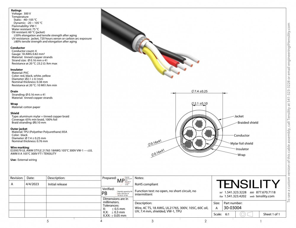 Tensility International 30-03004 cable specification drawing