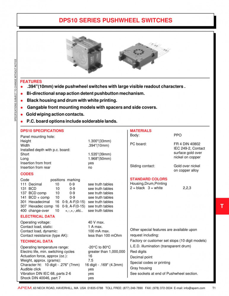 APEM DPS10 series technical document page 1