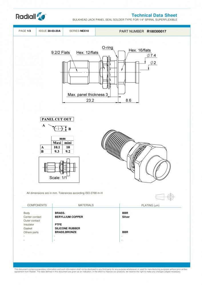 Radiall R180300017 datasheet page 1: outline and materials