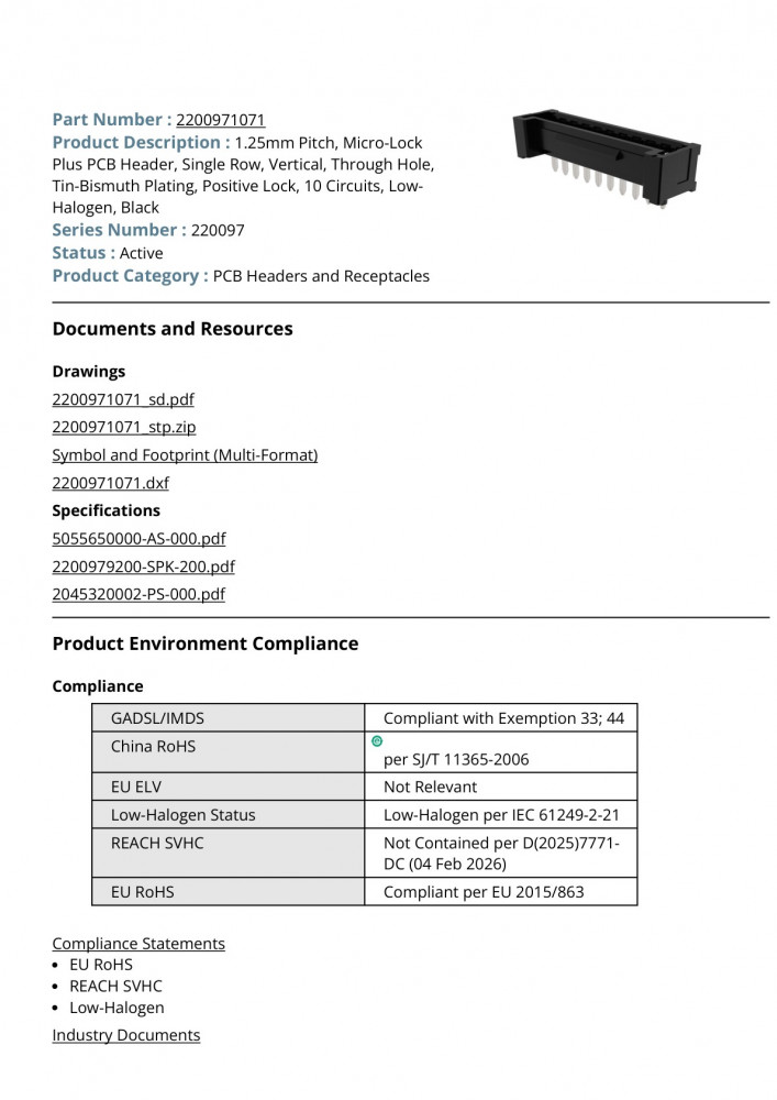 MOLEX 2200971071 technical document preview, page 1