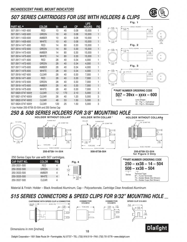 Dialight 250 and 507 series technical document page
