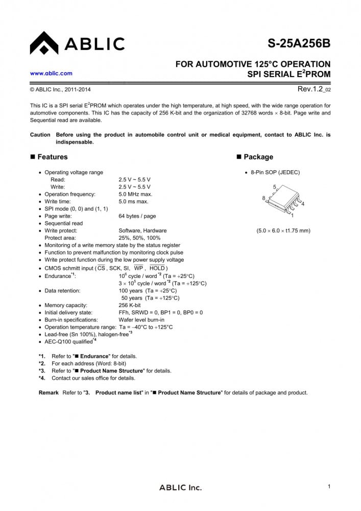 ABLIC S-25A256B0A-J8T2U3 datasheet page 1