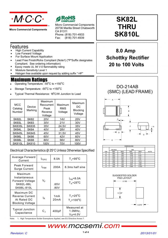 MCC SK810L datasheet page 1