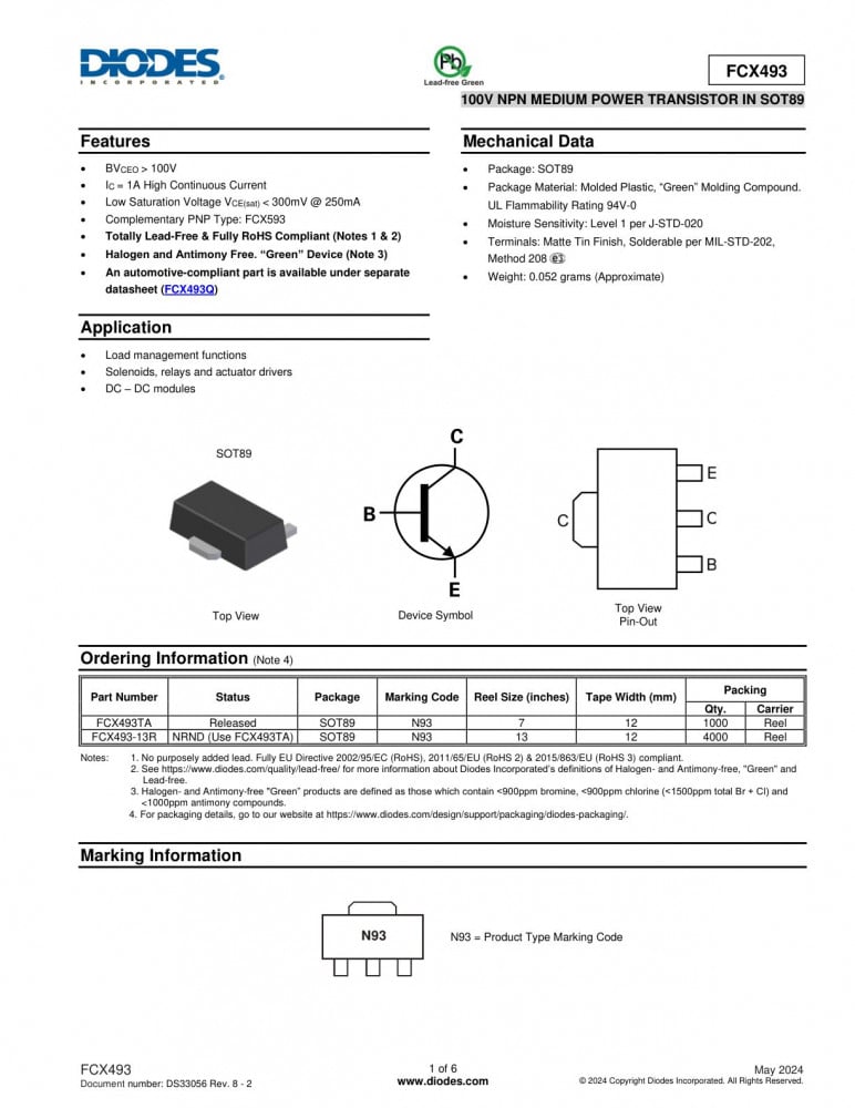 FCX493TA datasheet page 1