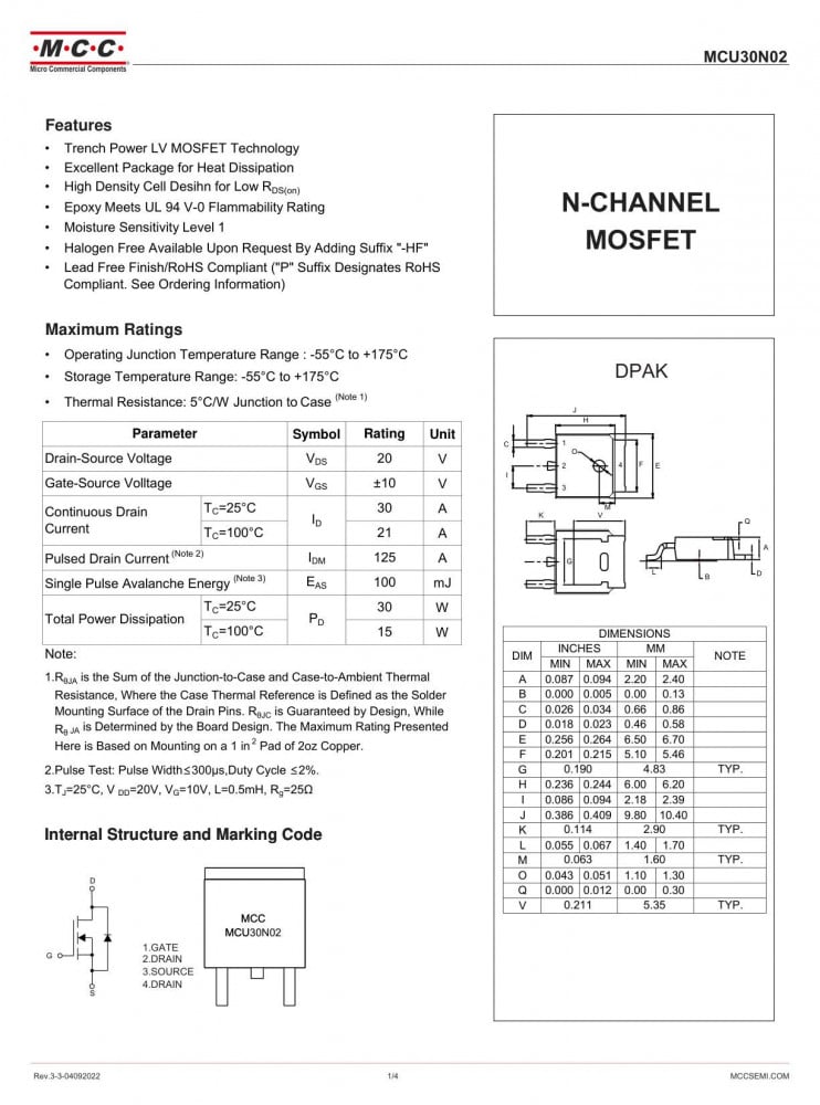 MCU30N02-TP datasheet page 1