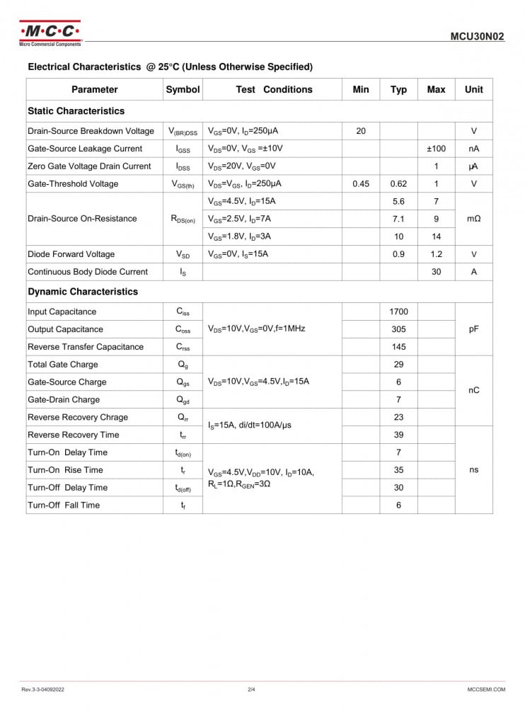 MCU30N02-TP datasheet page 2