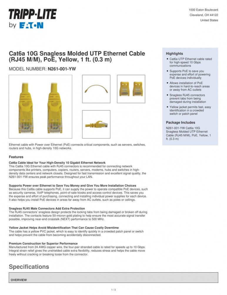 N261-001-YW technical document page 1