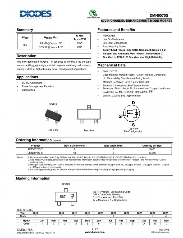 DMN6075S-7 datasheet page 1