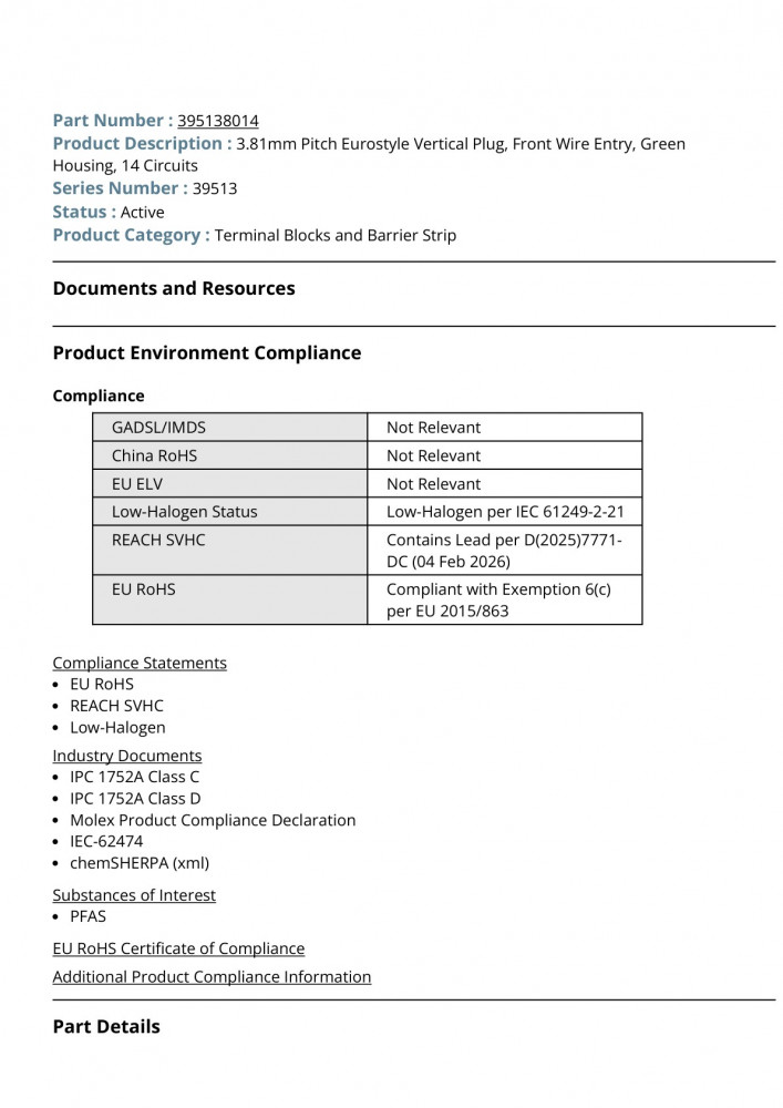 MOLEX 395138014 technical document page 1