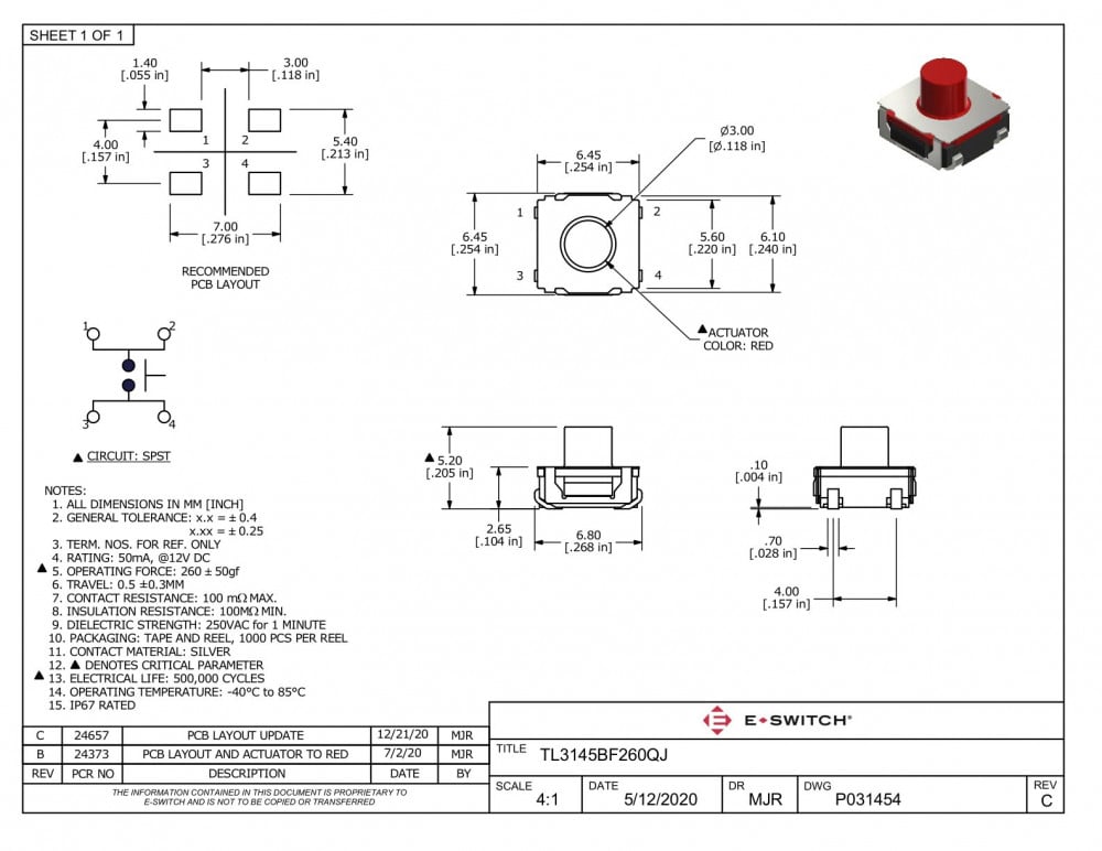 E-Switch TL3145BF260QJ technical drawing