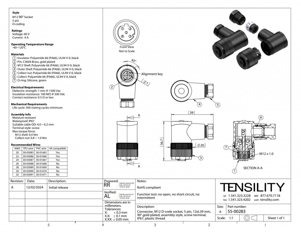 Tensility International 55-00283 M12 D-coded 5-pin right-angle socket product drawing