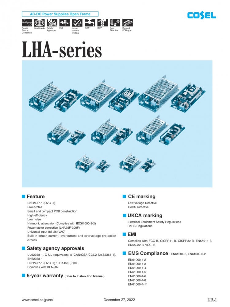 Cosel LHA150F technical document page 1