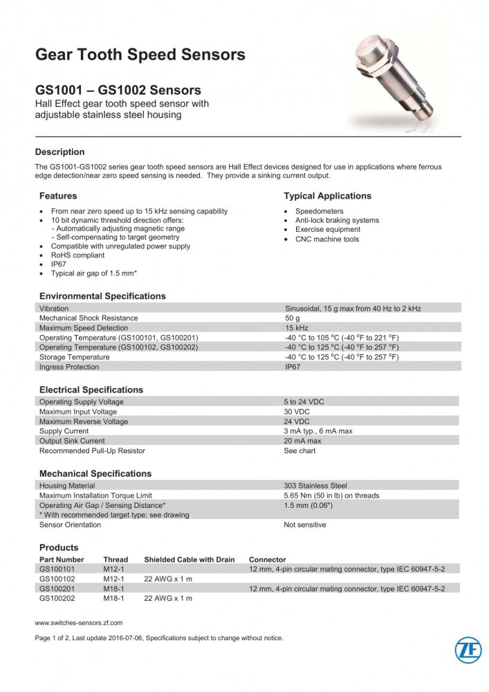 GS1001–GS1002 gear tooth speed sensor technical document, page 1
